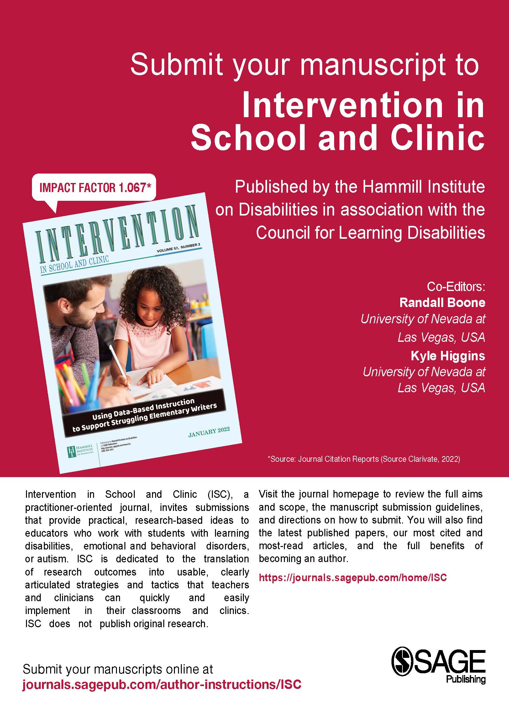 Call for Papers: Intervention in School and Clinic: SAGE Journals
